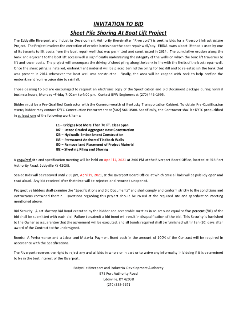 Fillable Online transportation ky INVITATION TO BID Sheet Pile Shoring ...