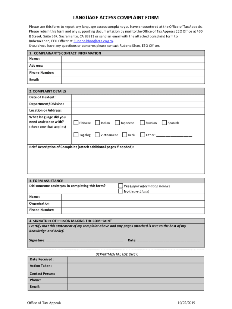 Fillable Online Language Access Complaint Form :: California Secretary ...