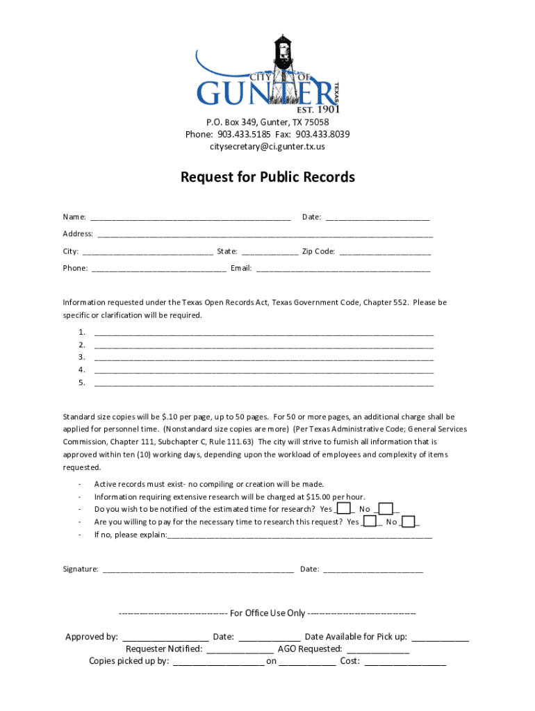 Fillable Online Request for Public Records - guntertx.gov Fax Email ...