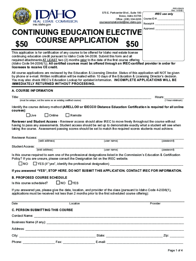 Fillable Online irec idaho REE-039-29 Continuing Education Course ...