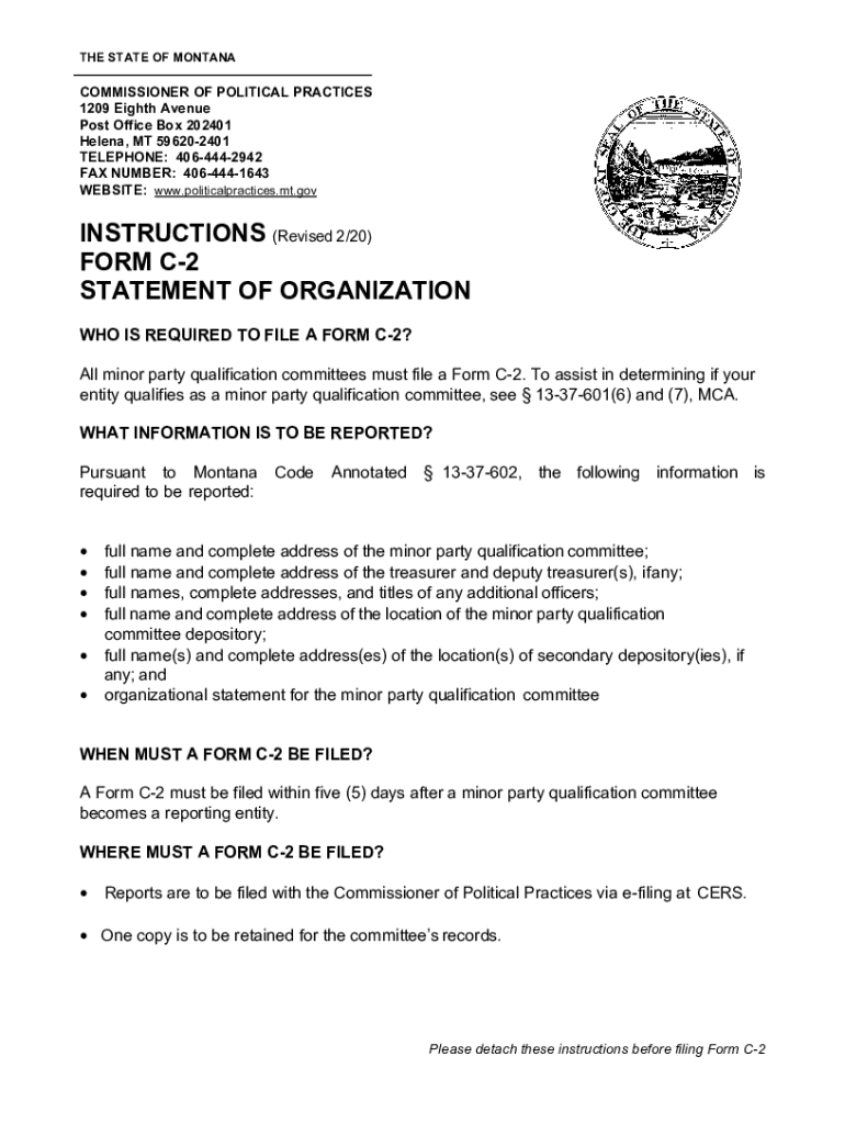Fillable Online politicalpractices mt (Revised 2/20) FORM C-2 STATEMENT ...