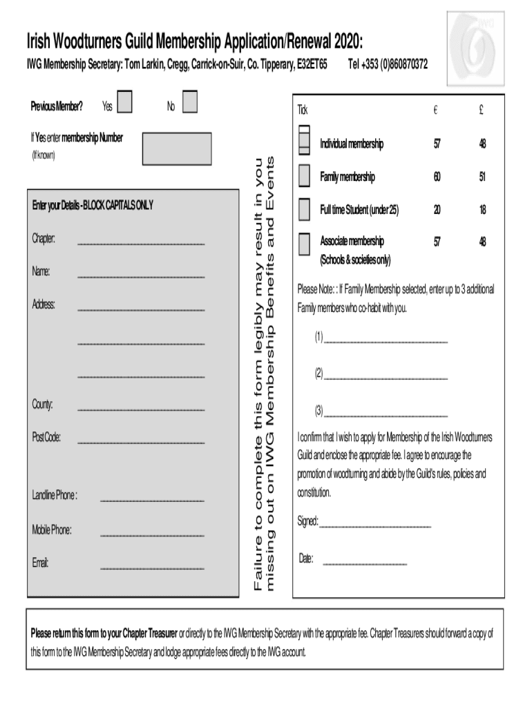 Fillable Online Irish Woodturners Guild Membership Application/Renewal ...
