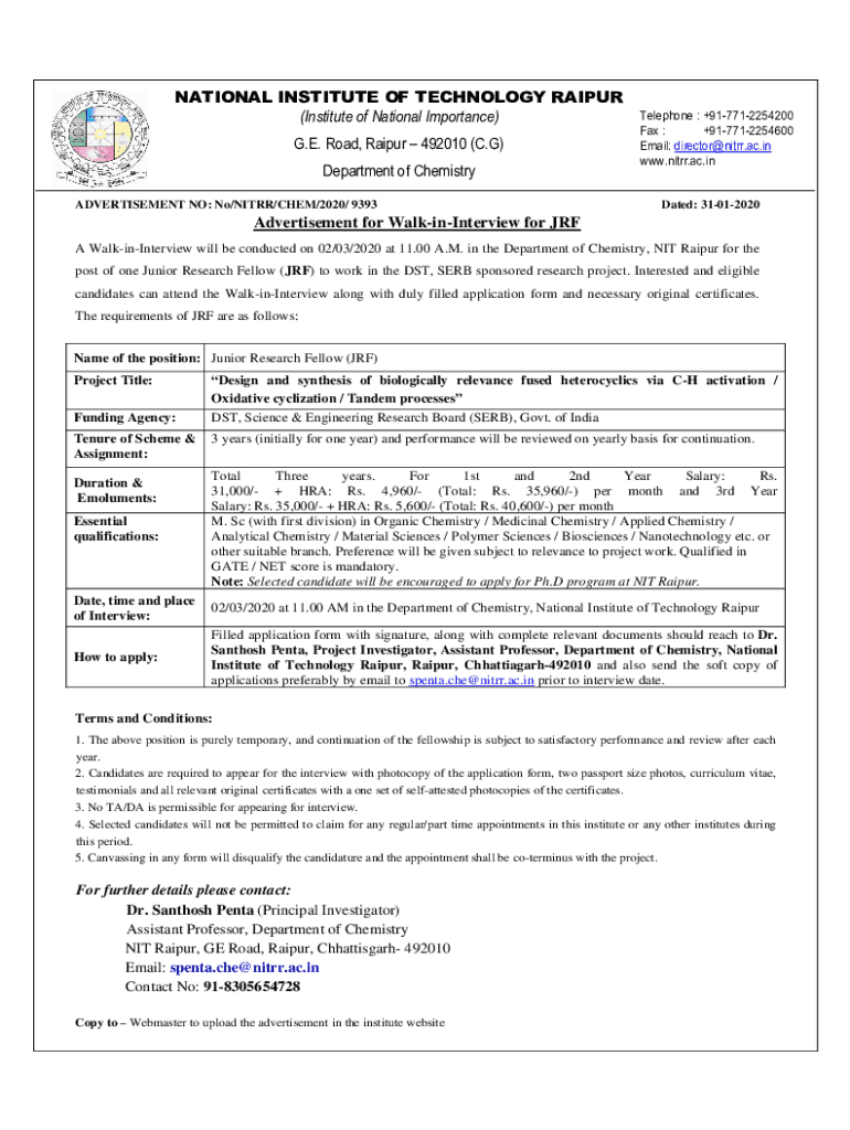 Fillable Online nitrr ac JRF-Advertisement along with Application form ...
