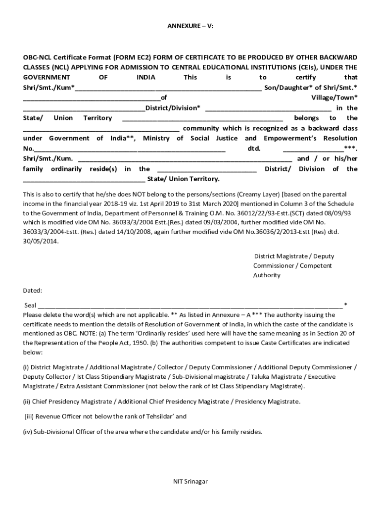 Fillable Online OBC (NCL) Certificate Format FORM OF CERTIFICATE TO BE ...