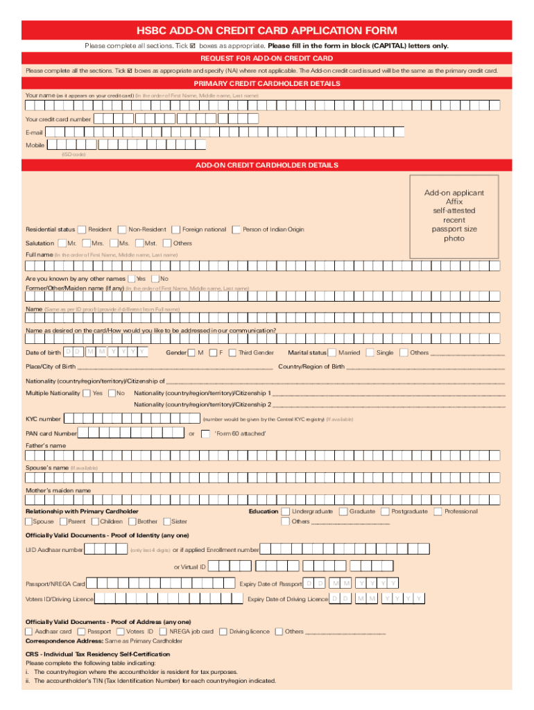 Fillable Online HSBC ADD-ON CREDIT CARD APPLICATION FORM Fax Email ...