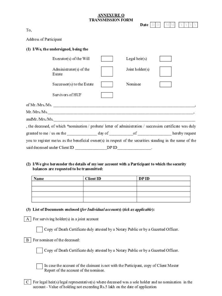 Fillable Online ANNEXURE O TRANSMISSION FORM M M Y Y Y YANNEXURE O ...