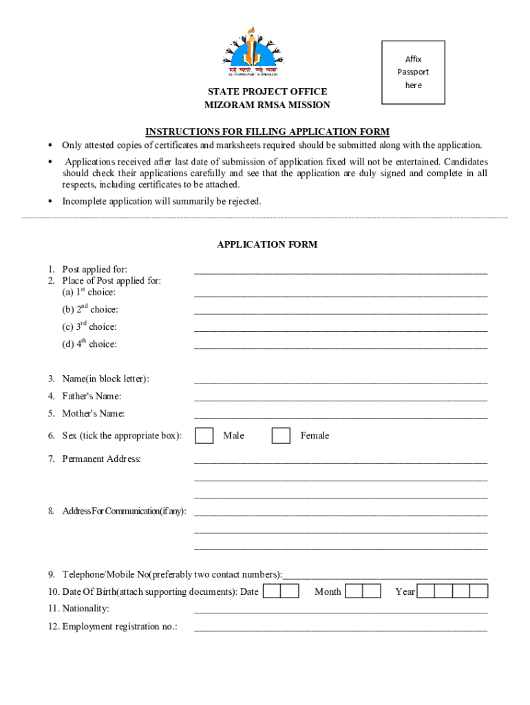 Fillable Online STATE PROJECT OFFICE MIZORAM RMSA MISSION Affix ... Fax ...