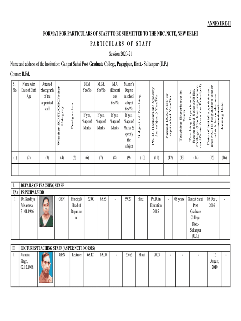 Fillable Online FORMAT FOR PARTICULARS OF STAFF TO BE SUBMITTED TO THE ...
