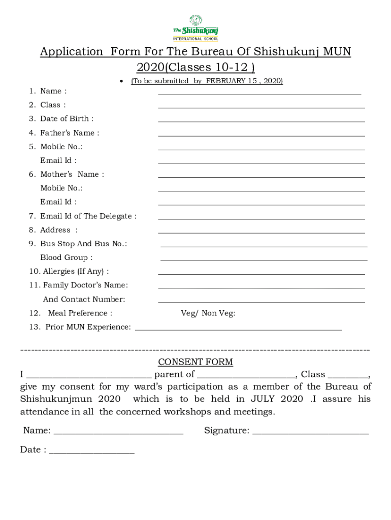 Fillable Online Application Form For The Bureau Of Shishukunj MUN Fax ...
