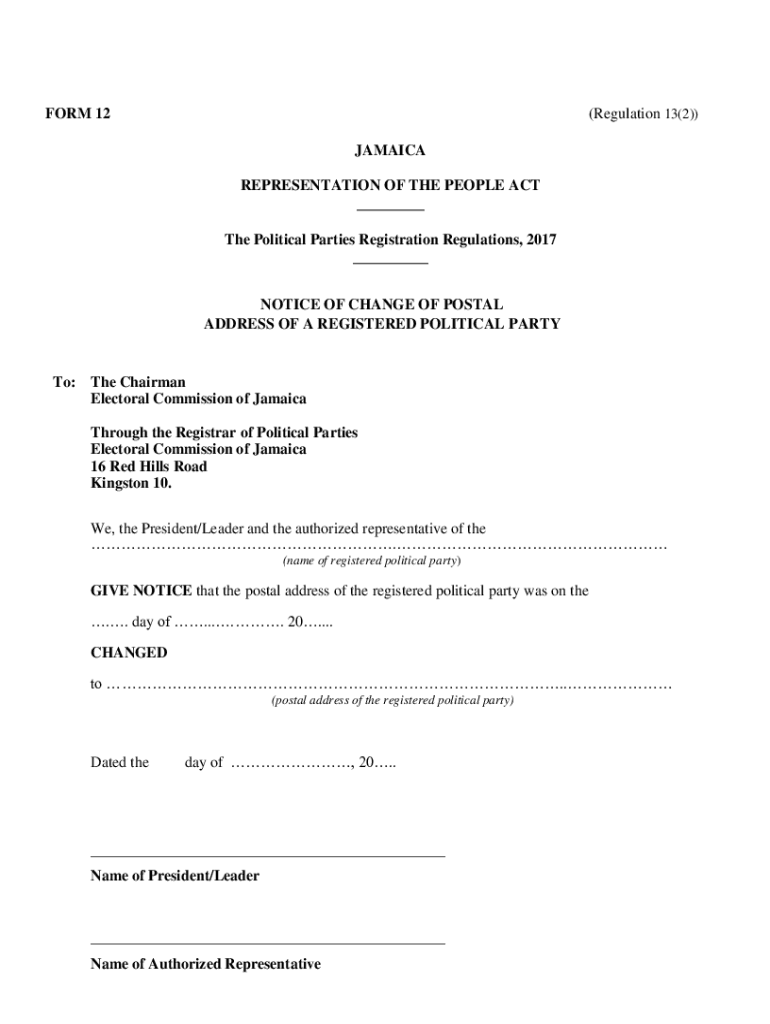 Fillable Online JAMAICA REPRESENTATION OF THE PEOPLE ACT The Political ...