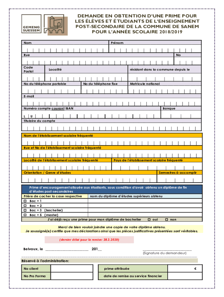 Remplissable En Ligne DEMANDE EN OBTENTION DUNE PRIME POUR LES LVES ET TUDIANTS ... Fax Email ...