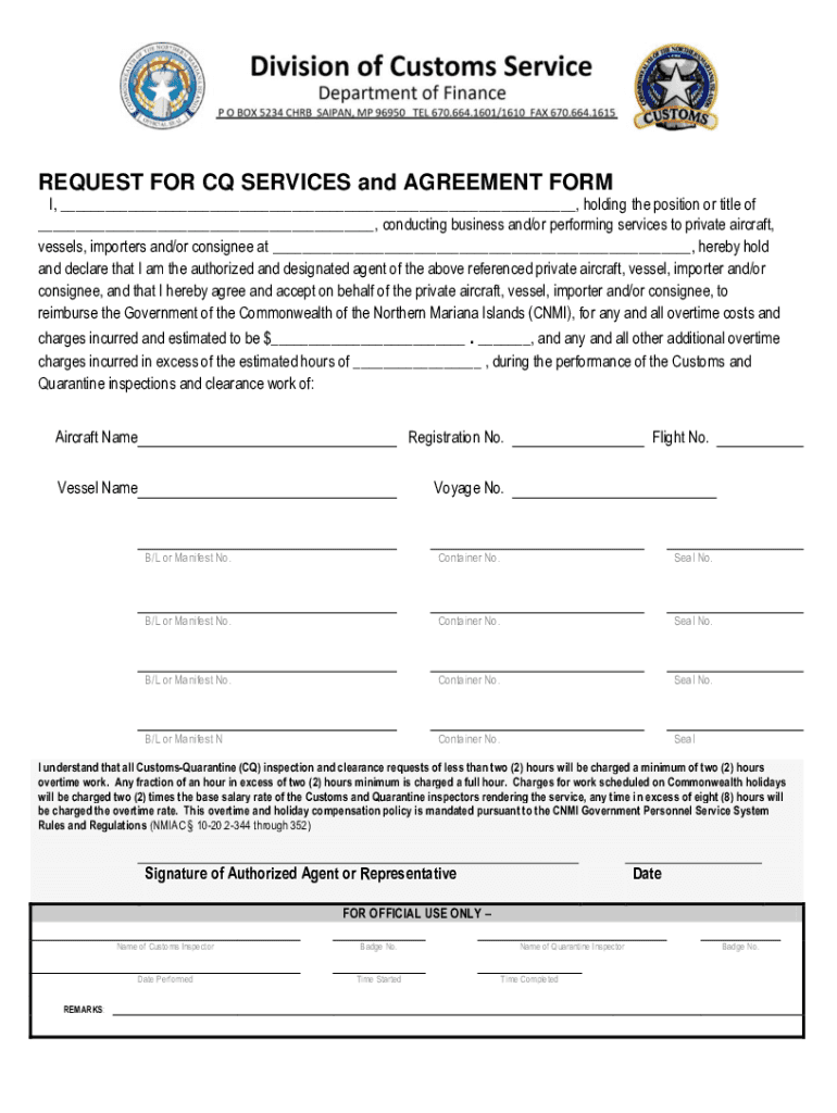 Fillable Online REQUEST FOR CQ SERVICES and AGREEMENT FORM Fax Email ...