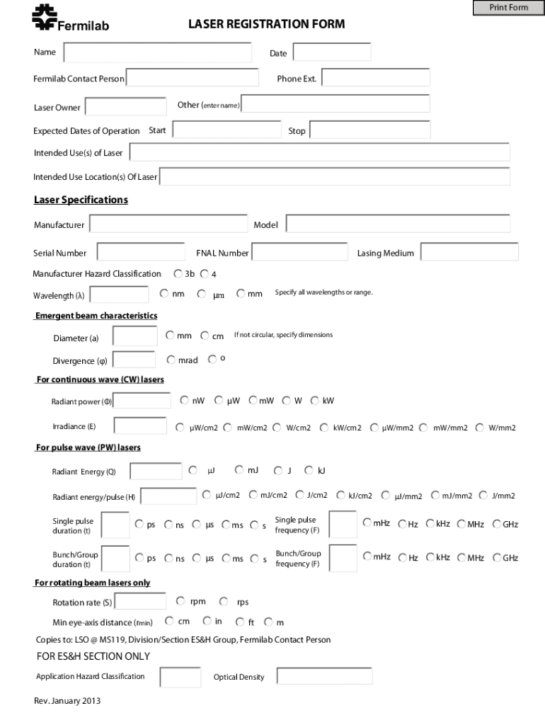 Fillable Online LASER REGISTRATION FORM fFermilab Fax Email Print ...