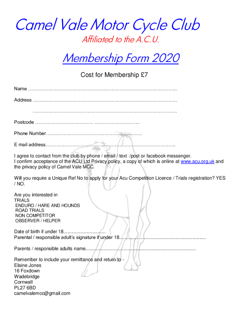 Fillable Online Membership ApplicationCamel Vale Motor Club Fax Email ...