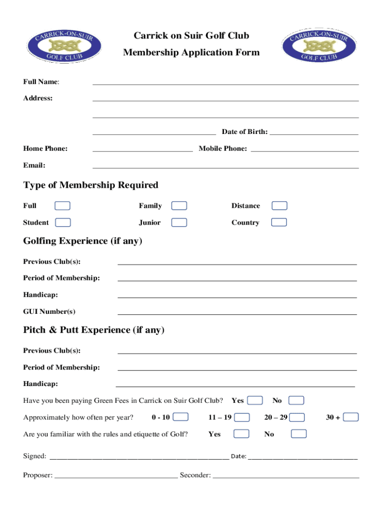 Fillable Online Carrick on Suir Golf Club Membership Application Form ...