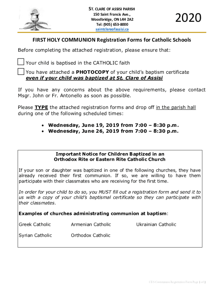 Fillable Online FIRST HOLY COMMUNION Registration Forms for Catholic ... Fax Email Print - pdfFiller