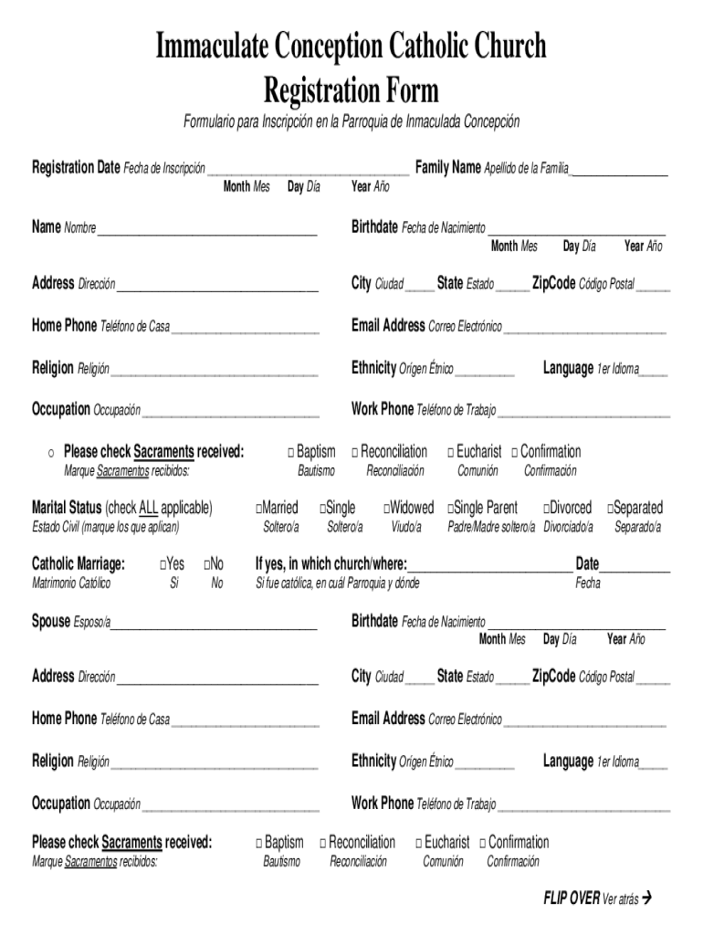 Fillable Online Immaculate Conception Catholic Church Registration Form ...