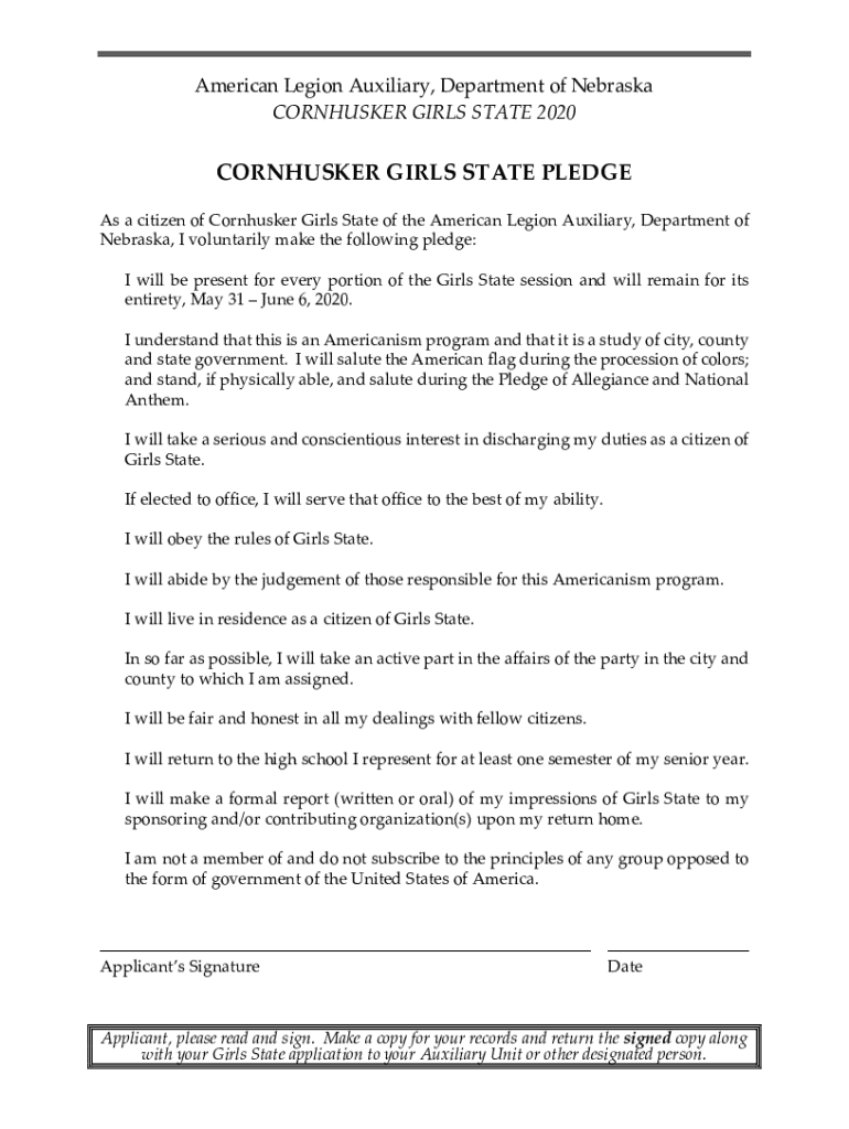 Fillable Online American Legion Auxiliary Cornhusker Girls StateLaying a ... Fax Email Print ...