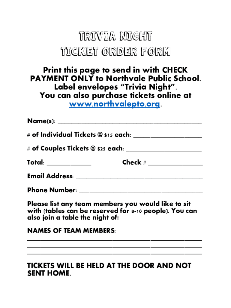 Fillable Online Trivia night TICKET ORDER FORM Fax Email Print - pdfFiller