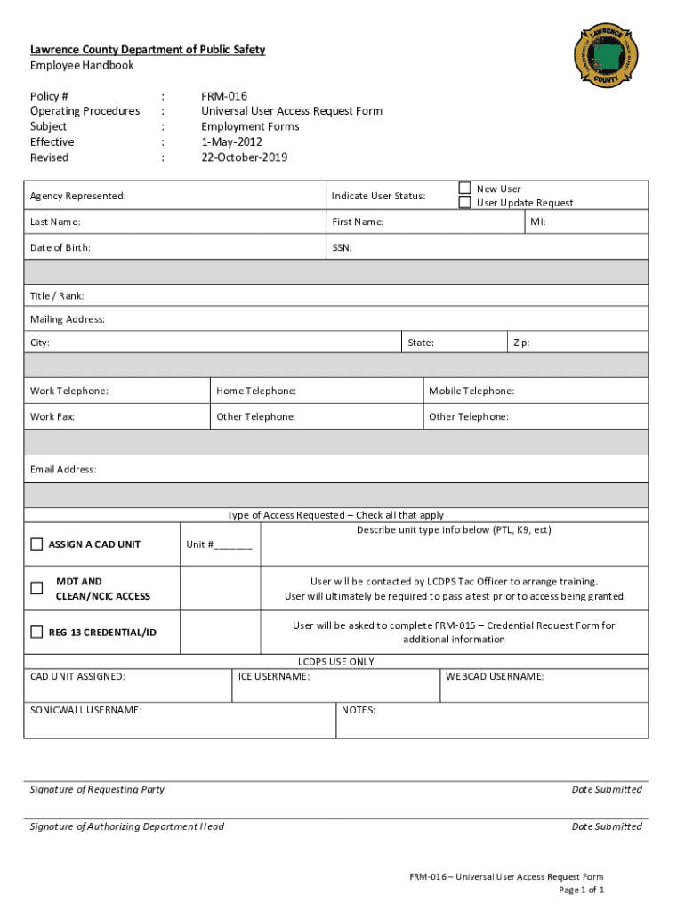 Fillable Online FRM-016 - Universal User Access Request Form Fax Email ...