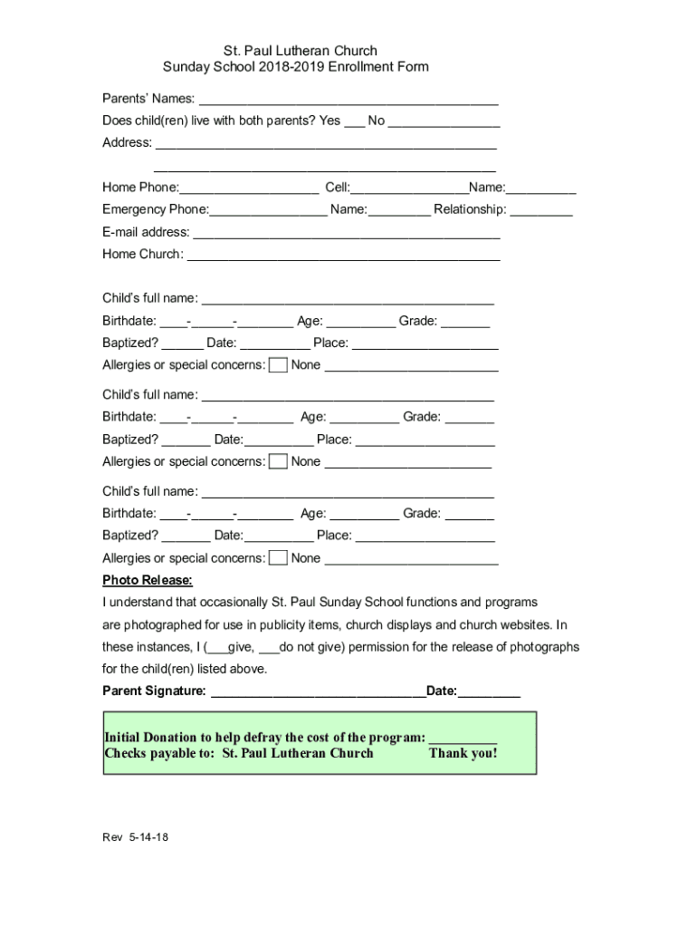 Fillable Online Sunday School Enrollment Form 2018-2019 Fax Email Print ...