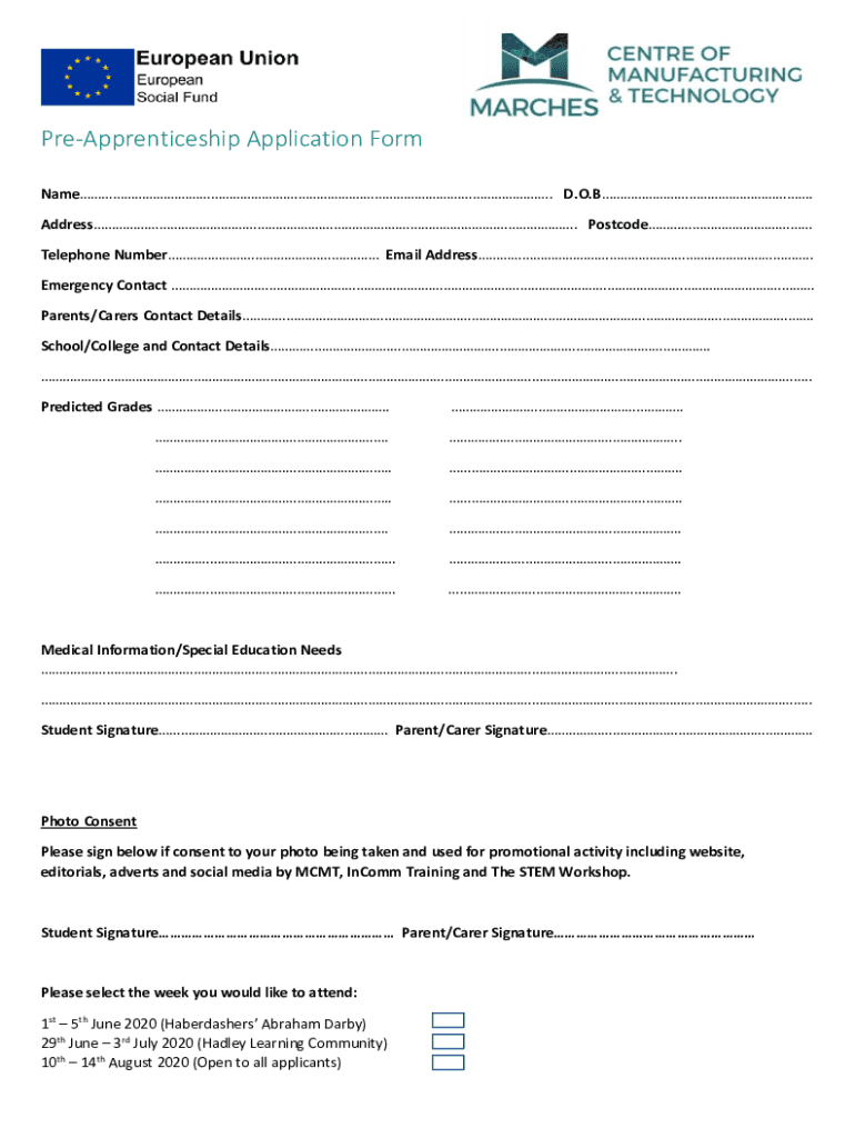 Fillable Online PRE-APPRENTICESHIP TRAINING APPLICATION FORM Fax Email Print - pdfFiller