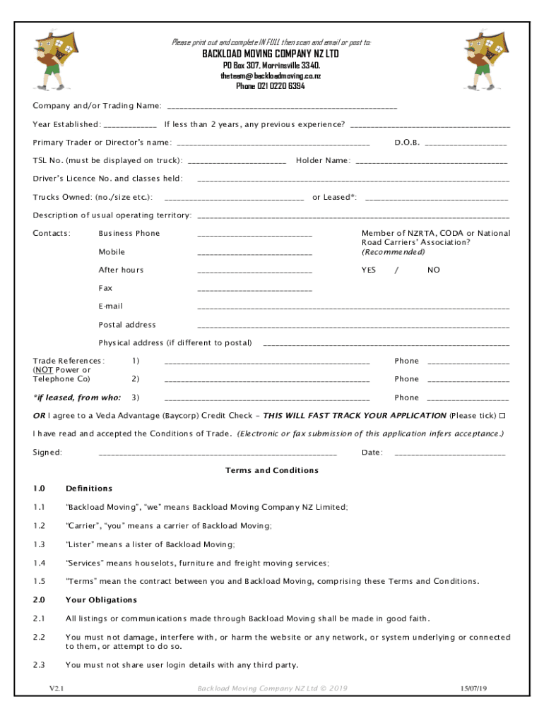 Fillable Online Backload Moving Company NZ Limited. Application Backload Moving Fax Email Print ...