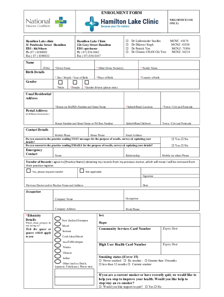 Fillable Online NHC Enrolment Form for General Practice Feb 2020 (003 ...