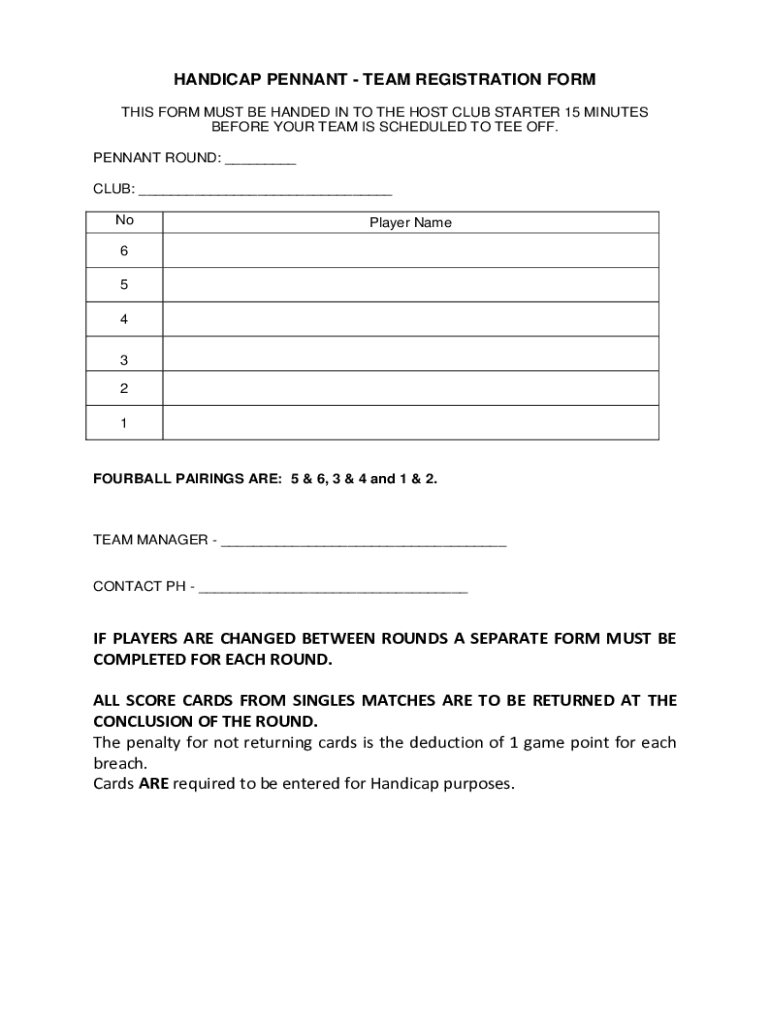 Fillable Online HANDICAP PENNANT - TEAM REGISTRATION FORM Fax Email ...