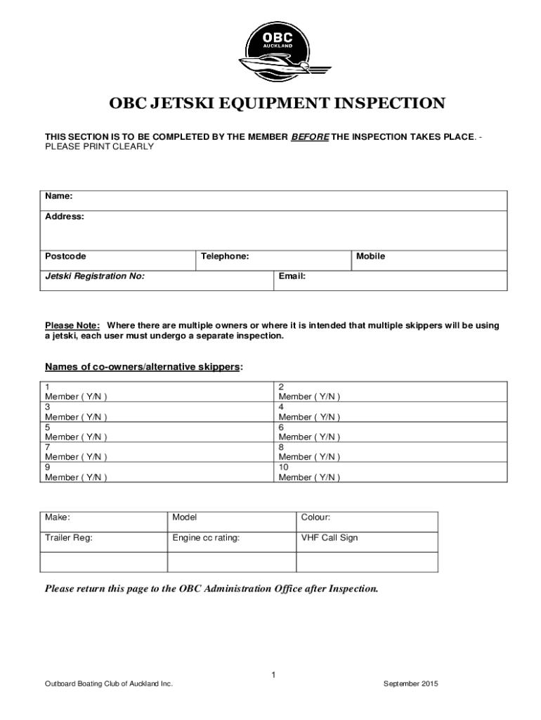 Fillable Online OBC JETSKI EQUIPMENT INSPECTION Fax Email Print - pdfFiller