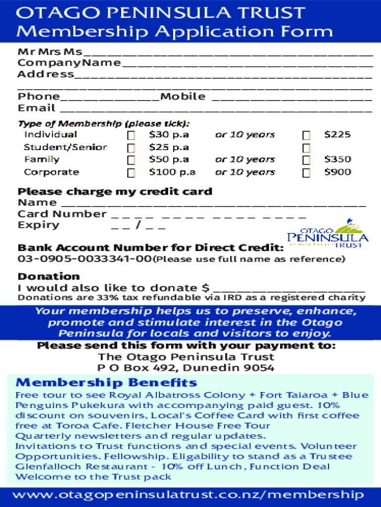 Fillable Online OTAGO PENINSULA TRUST Membership Application Form Fax ...