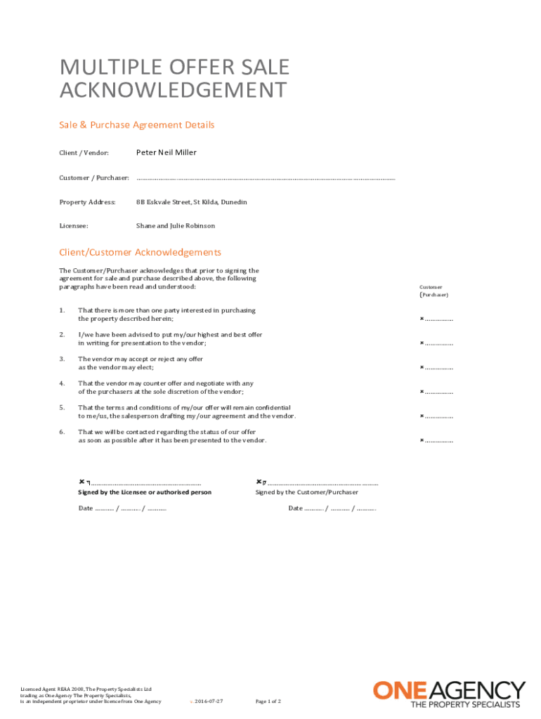 Fillable Online MULTIPLE OFFER SALE ACKNOWLEDGEMENT - teamrobinson.co ...