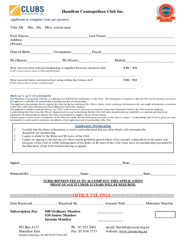 Fillable Online PDF here membership form. - Hamilton Cosmopolitan Club ...