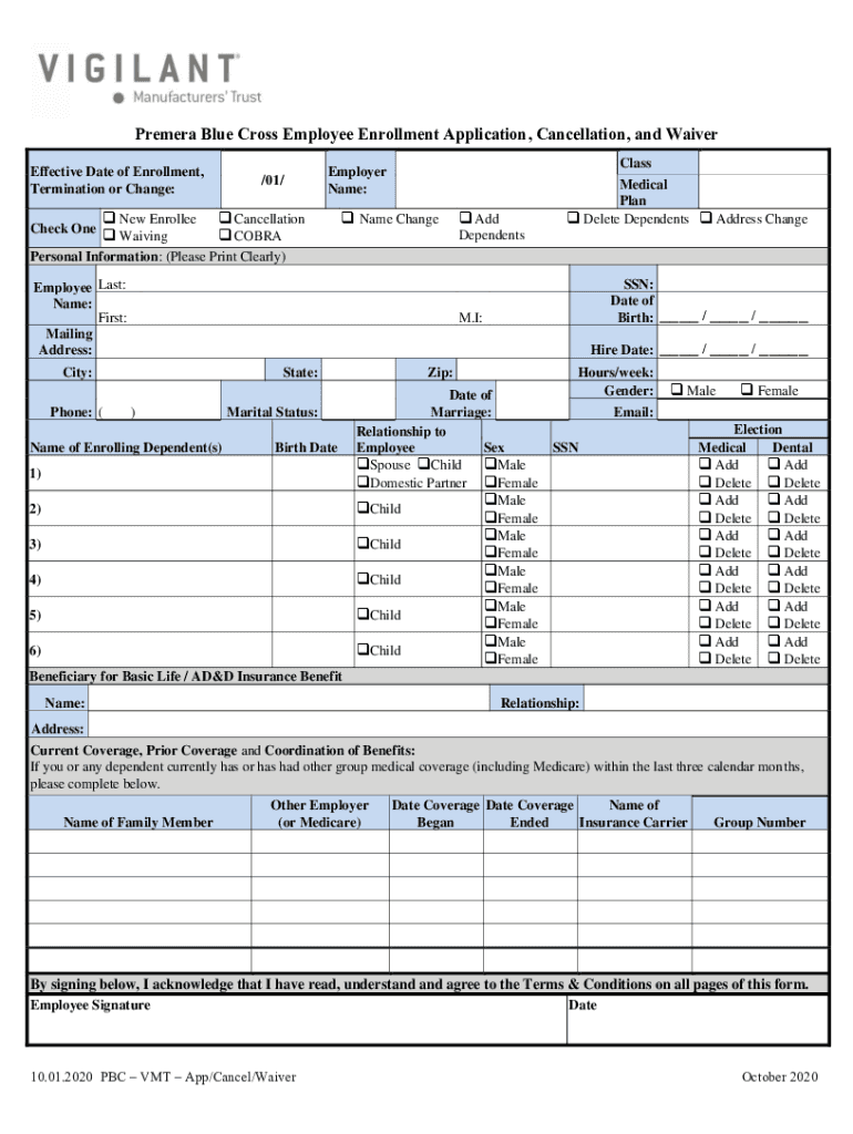 Fillable Online Employee Enrollment Application , Cancellation, and ...