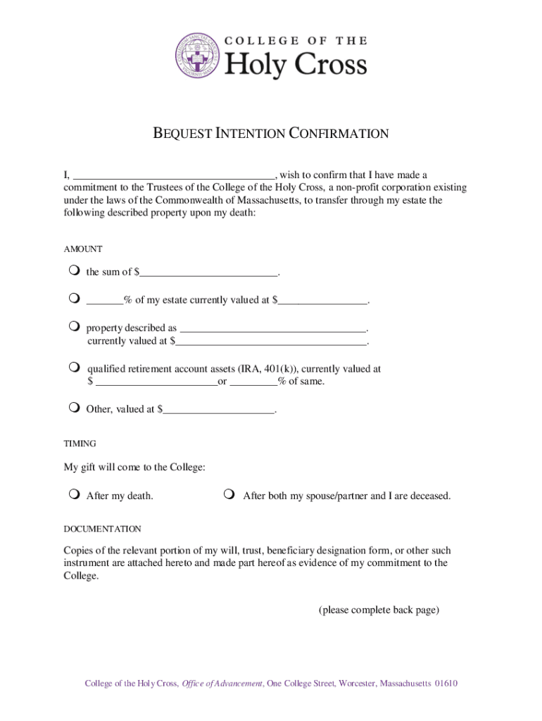 Fillable Online Bequest Intention Form - The Nature Conservancy Fax ...