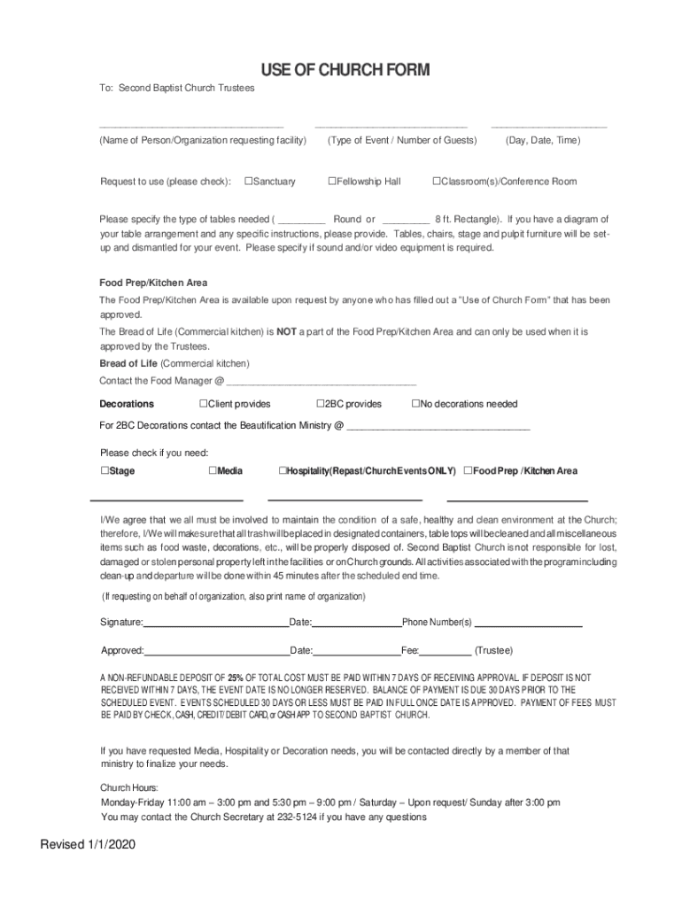 Fillable Online USE OF CHURCH FORM - Second Baptist Church South ...