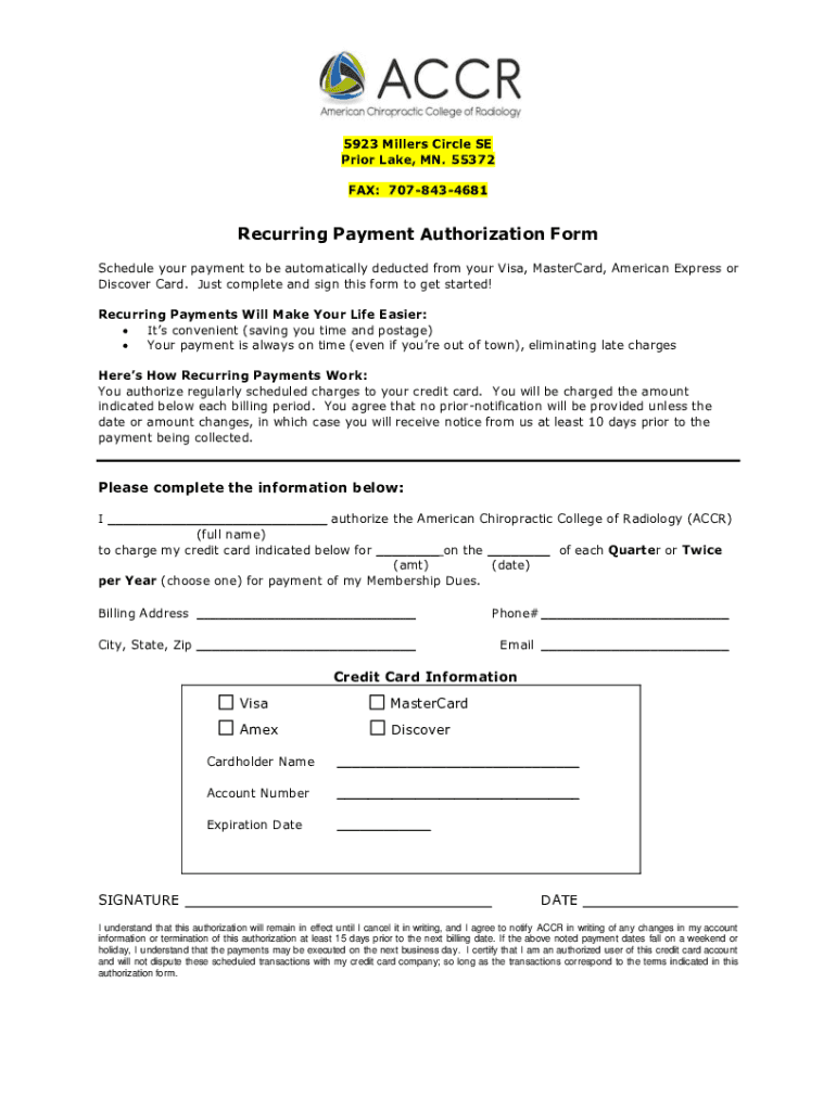 Fillable Online Recurring Payment Authorization Form - ACCR Fax Email Print - pdfFiller