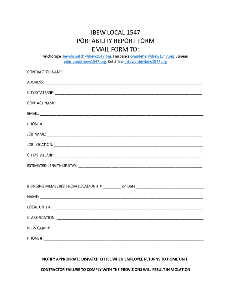 Fillable Online IBEW LOCAL 1547 PORTABILITY REPORT FORM EMAIL FORM TO ...