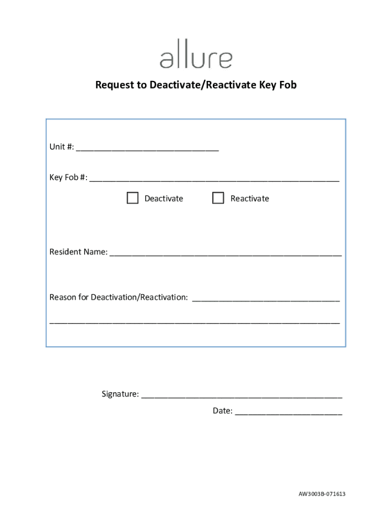 Fillable Online Request to Deactivate/Reactivate Key Fob Fax Email ...