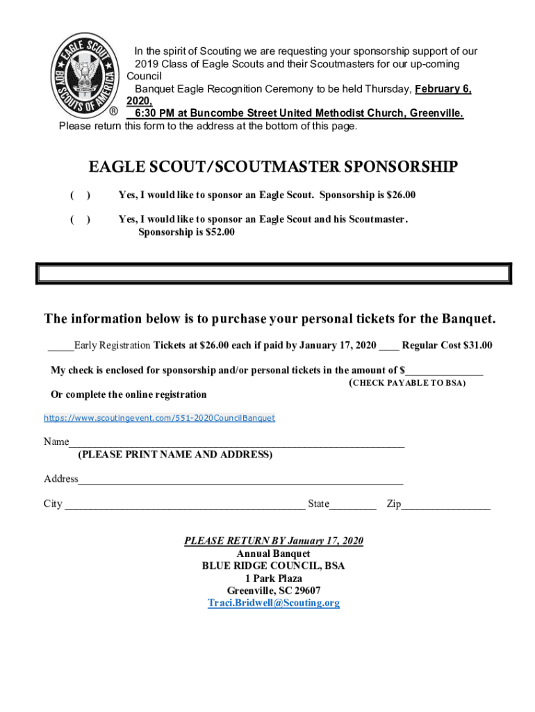 Fillable Online 2020 Eagle Scout Sponsor Form and Banquet Reservation ...