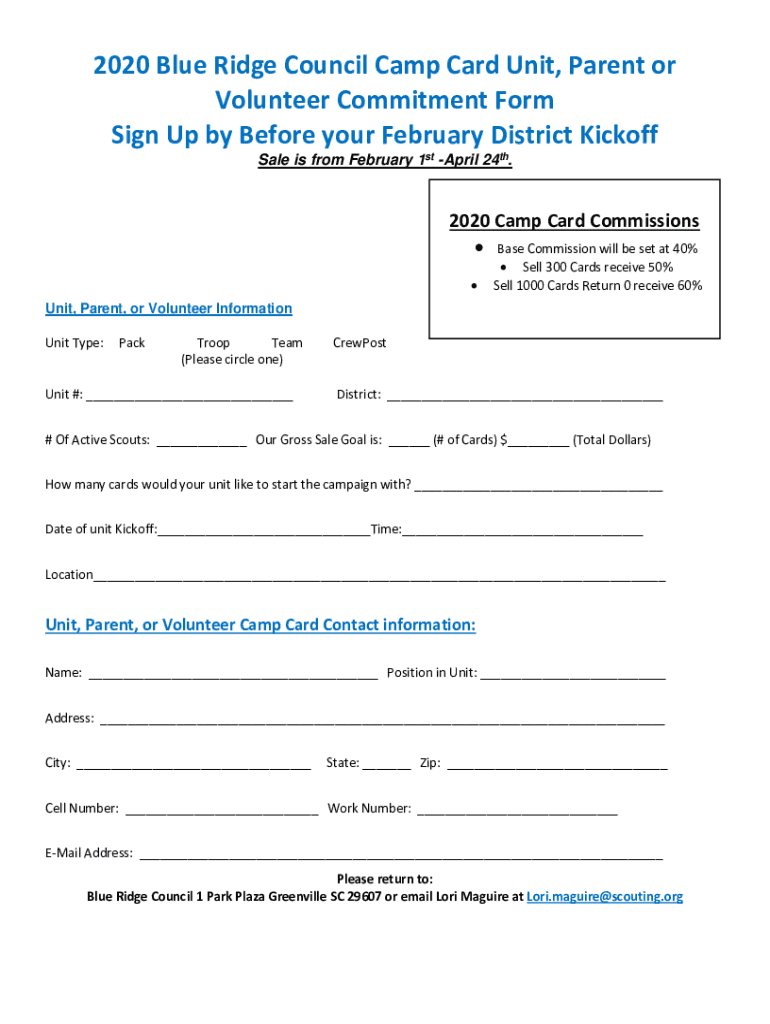 Fillable Online 2020 Blue Ridge Council Camp Card Unit, Parent or Fax ...