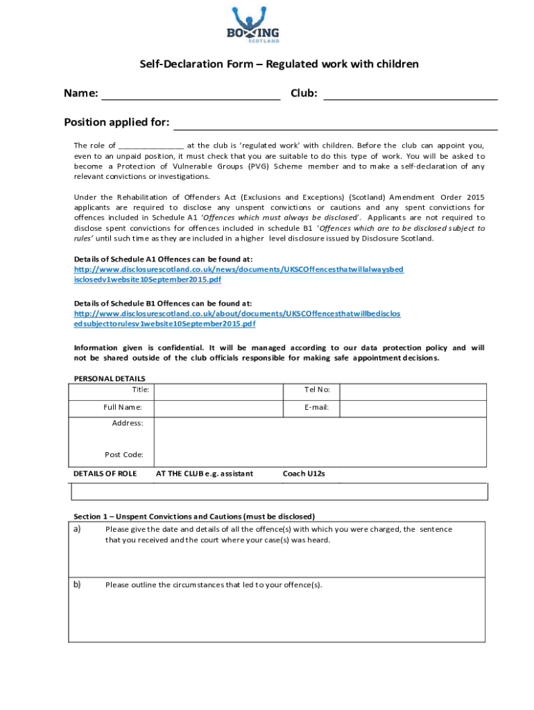 Fillable Online Self-Declaration Form Regulated work with children Name: Club ... Fax Email ...