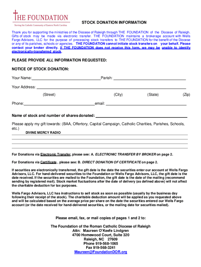 Fillable Online Stock donation form - Roman Catholic Diocese of Raleigh ...