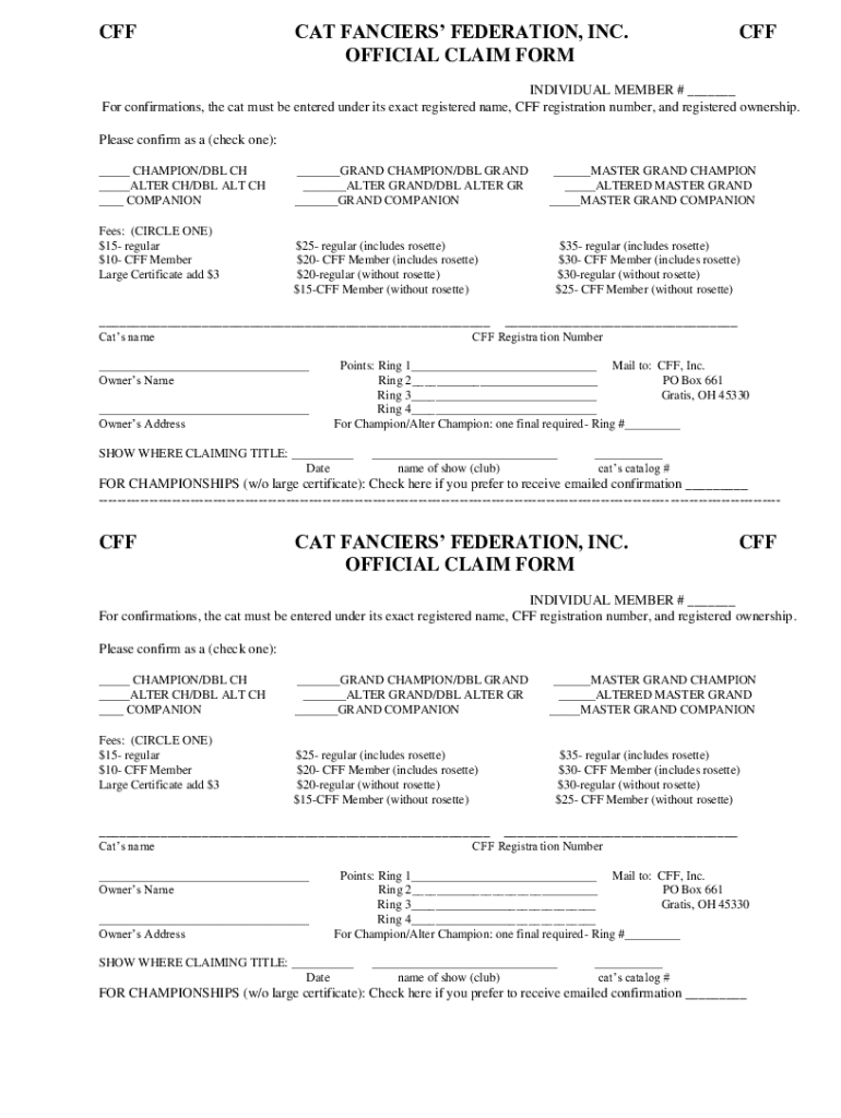 Fillable Online CFF CAT FANCIERS FEDERATION, INC Fax Email Print ...