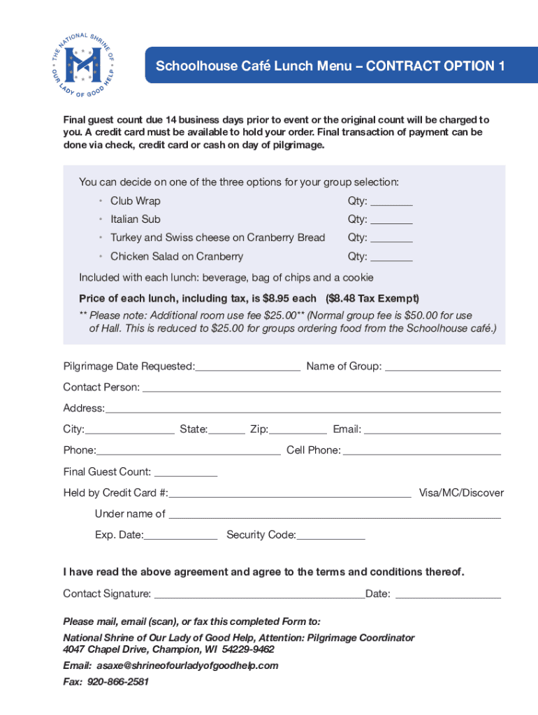 Fillable Online Schoolhouse Fare Menu: Sample school lunch menu of ...