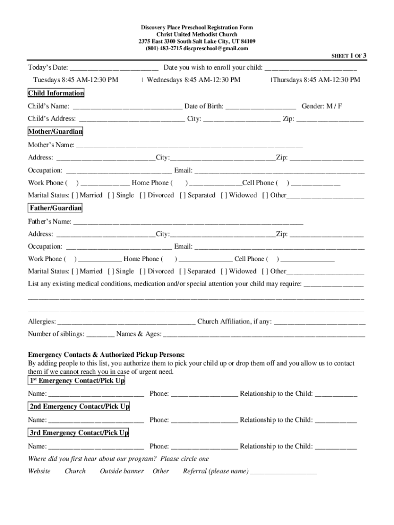 Fillable Online Fillable Online Discovery Place Preschool Registration ...