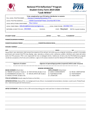 Fillable Online National PTA Reflections Program Student Entry Form ...