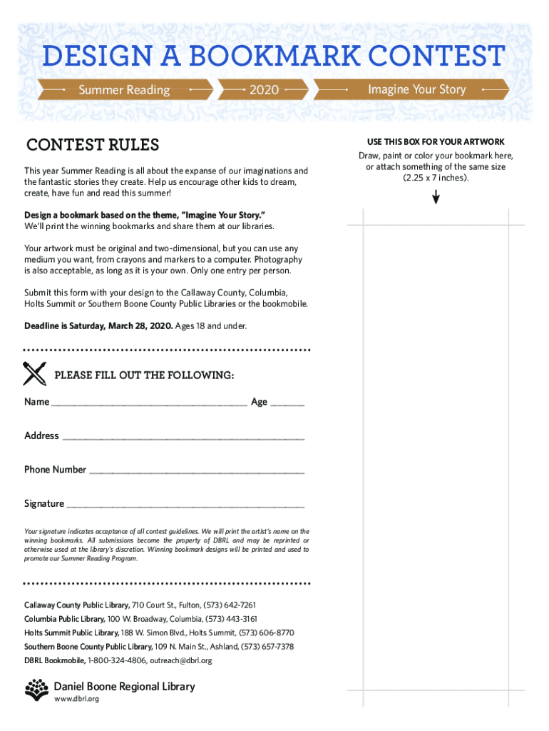 Fillable Online Summer Reading Challenge Bookmark Contest Official ...