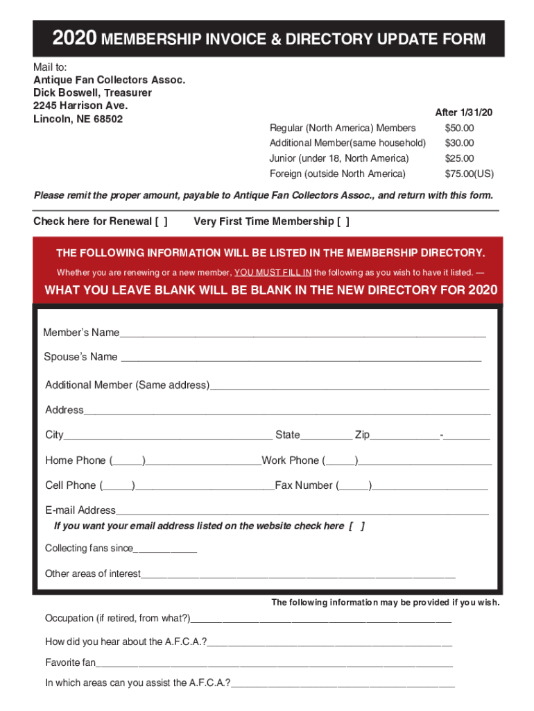 Fillable Online 202 MEMBERSHIP INVOICE & DIRECTORY UPDATE FORM Fax ...