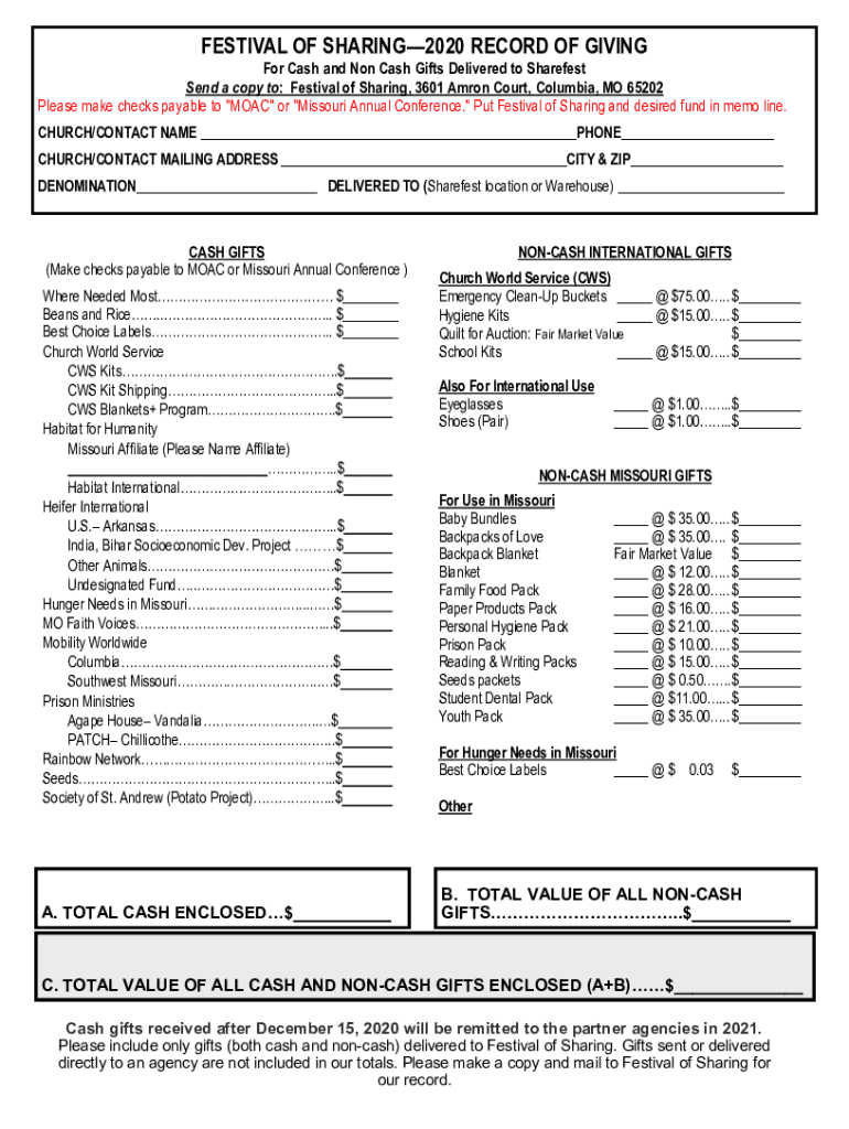 Fillable Online FESTIVAL OF SHARING 2020 RECORD OF GIVING Fax Email ...